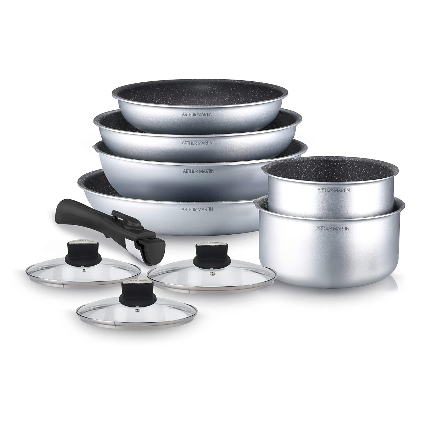 In elkaar passende potten en pannen met afneembare handgreep - set van ...